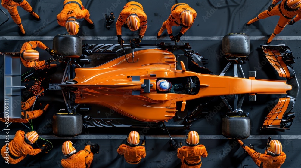 High-angle view captures crew in orange suits working swiftly on race ...