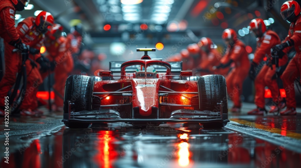 Race car pulls into pit lane on wet track, surrounded by focused pit ...