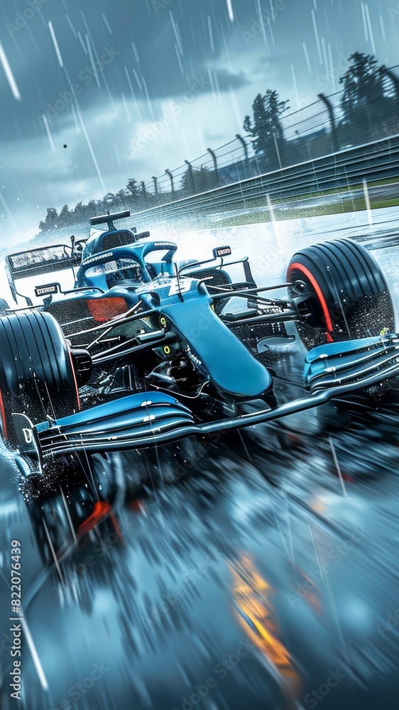 Blue racing car blurred as it races around wet asphalt racetrack in ...