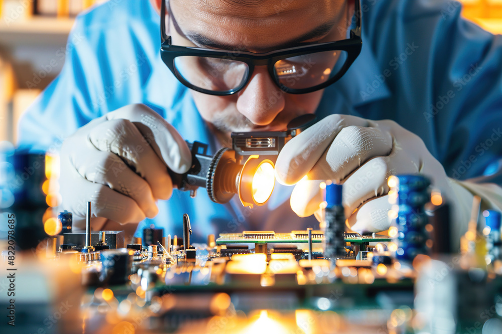 Engineer analyzing circuit boards for precious metals extraction in e ...