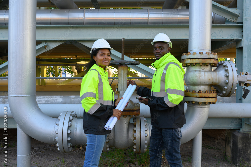 Male and female engineers check the drawing system inspection with the ...