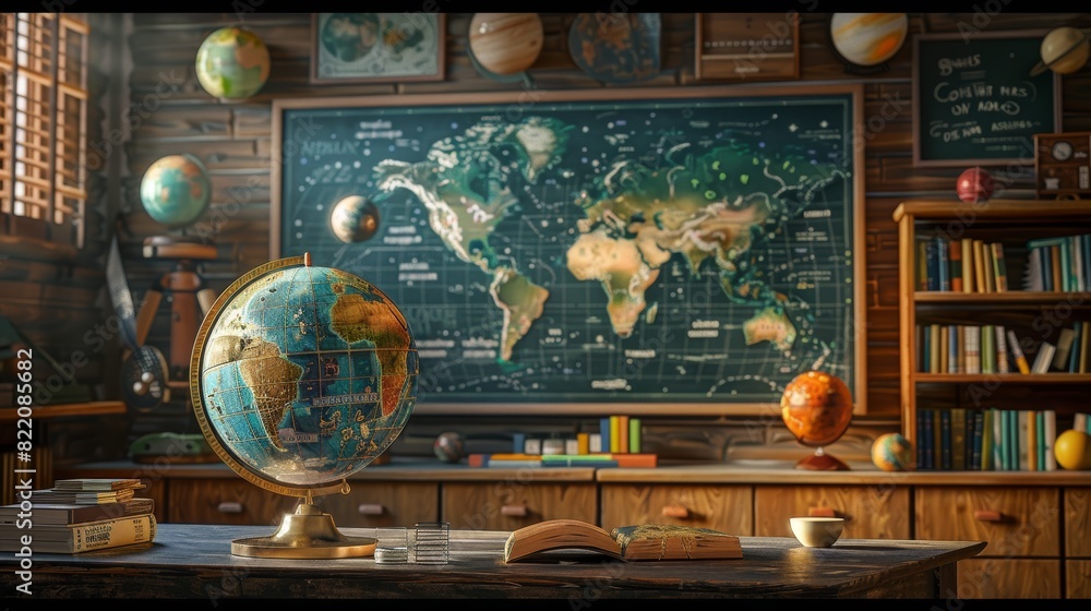 An educational scene featuring a classroom globe with detailed maps ...