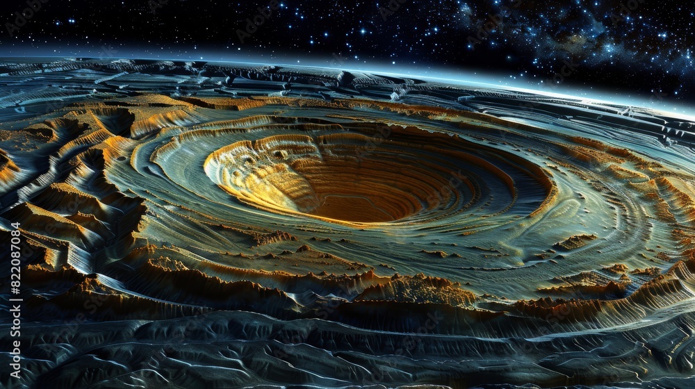 A 3D model of a planet with exaggerated topographical features, shown ...