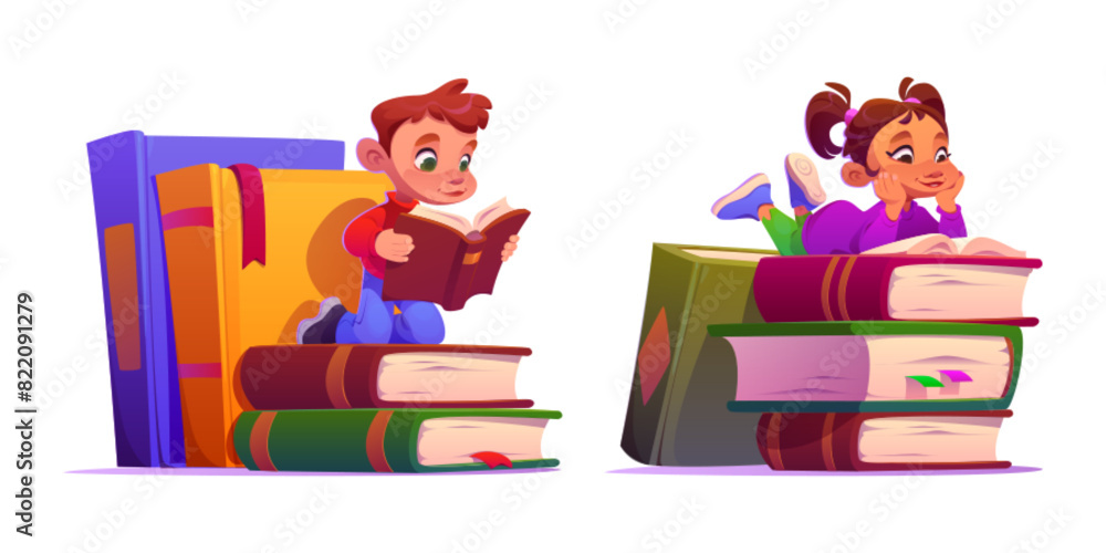 Girl kid and boy read school library book cartoon. Happy student ...