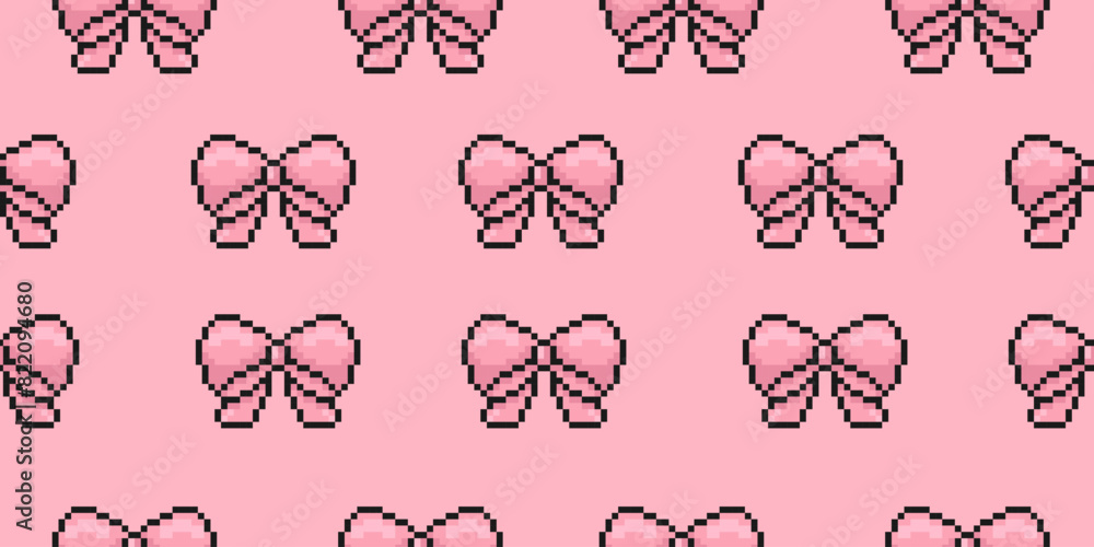 seamless pattern with pink bows in pixel art style, bowknots, ribbons ...