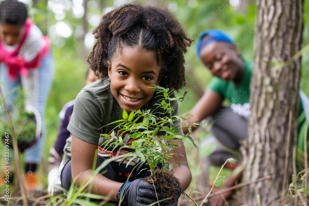 African American Family Volunteers Planting Trees for Reforestation in ...