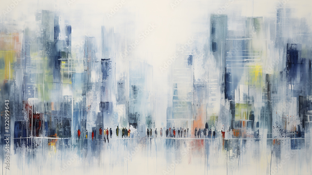 city, crowd of people on the street, art work painting in impressionism ...