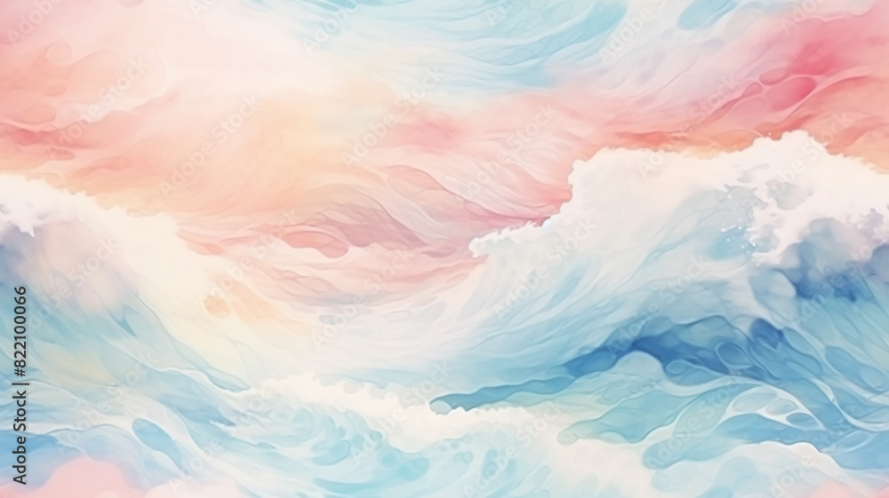 Blue and pink sea waves during a storm, background image in watercolor ...