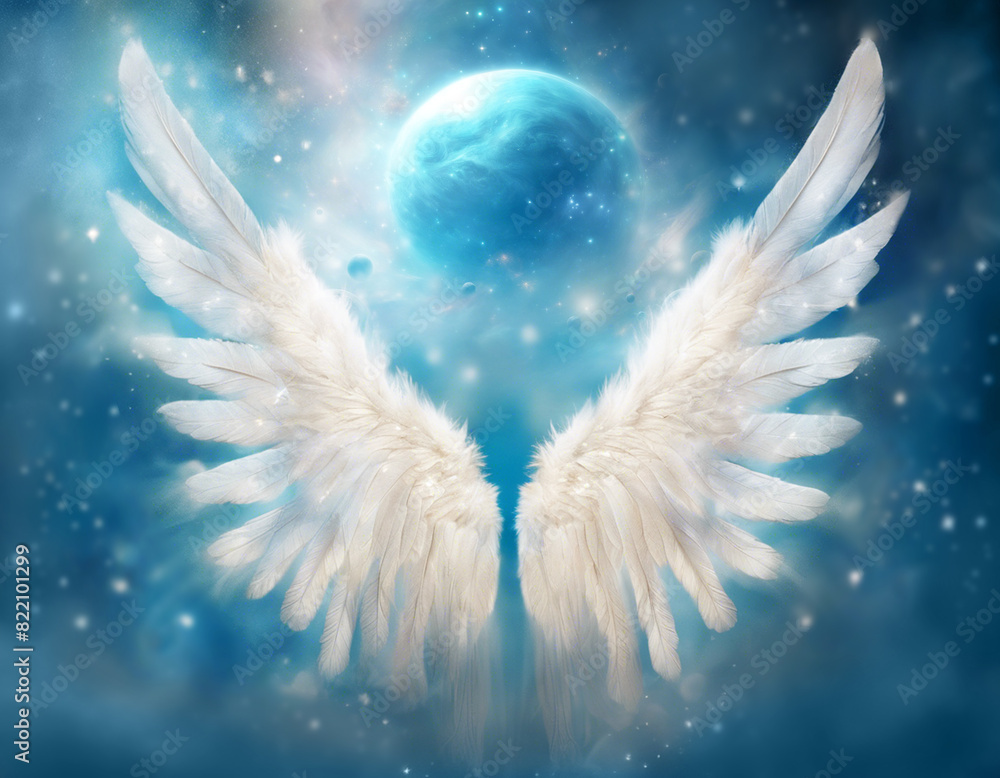 beautiful white angel wings with blue planet and stars, realistic ...