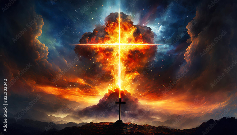 dramatic fiery explosion erupts from a Christian cross set amidst ...