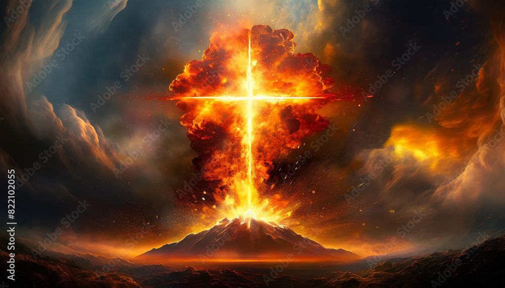dramatic fiery explosion erupts from a Christian cross set amidst ...