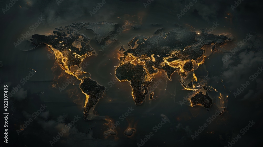 Golden lit world map on a moody cloud background, depicting global ...