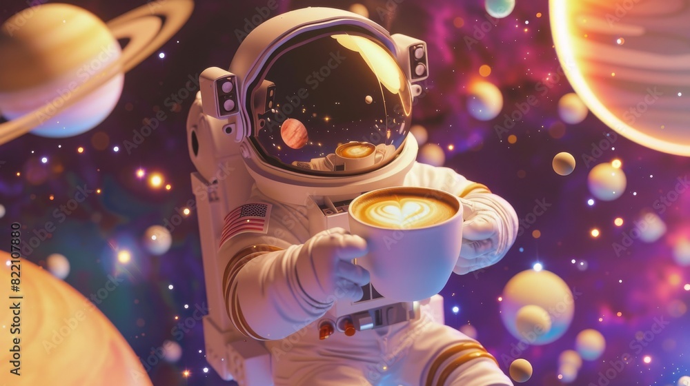 Astronaut drinking coffee in space for a cosmic or futuristic design ...