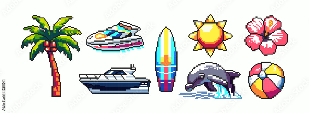 Trendy set of elements for summer holidays in the style of pixel art ...