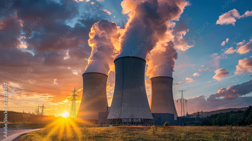 Nuclear Power Plant at Sunset with Cooling Towers. Cooling towers of a ...