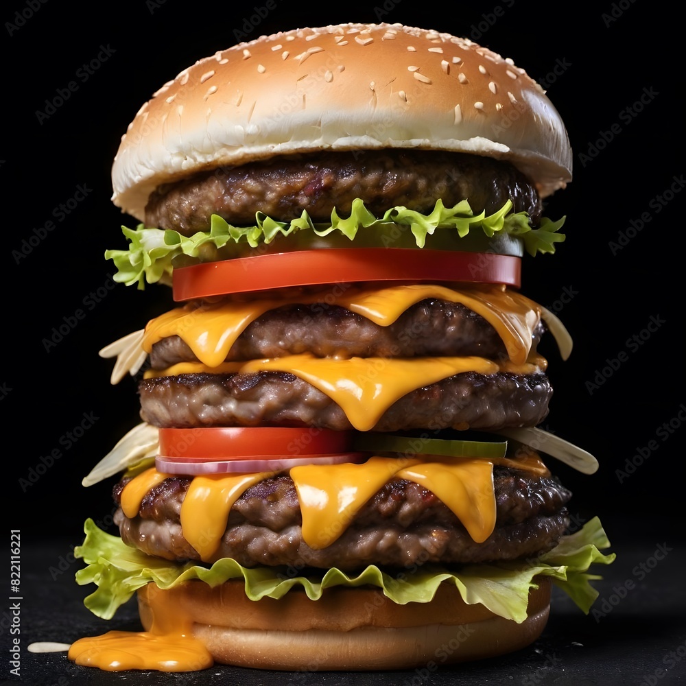 Hamburger overload features a towering burger stacked with multiple ...