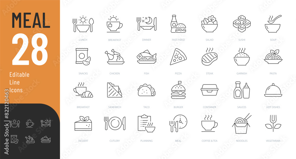 Meal Editable Icons set. Vector illustration in modern thin line style ...
