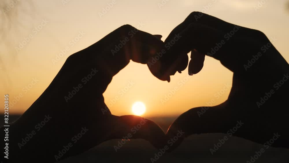 girl heart sign, sunset love symbol, hand silhouette heart, romantic ...