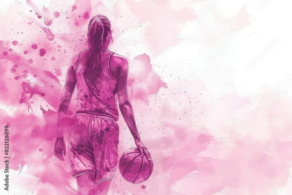 A watercolor painting of a female basketball player in a pink uniform ...