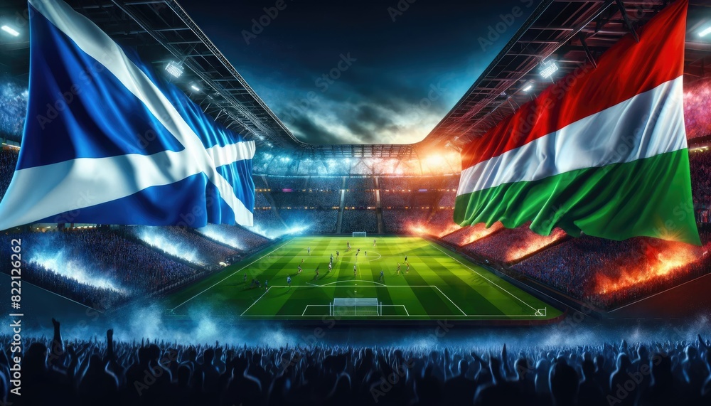 Scotland vs Hungary football match, country flags and stadium, UEFA ...