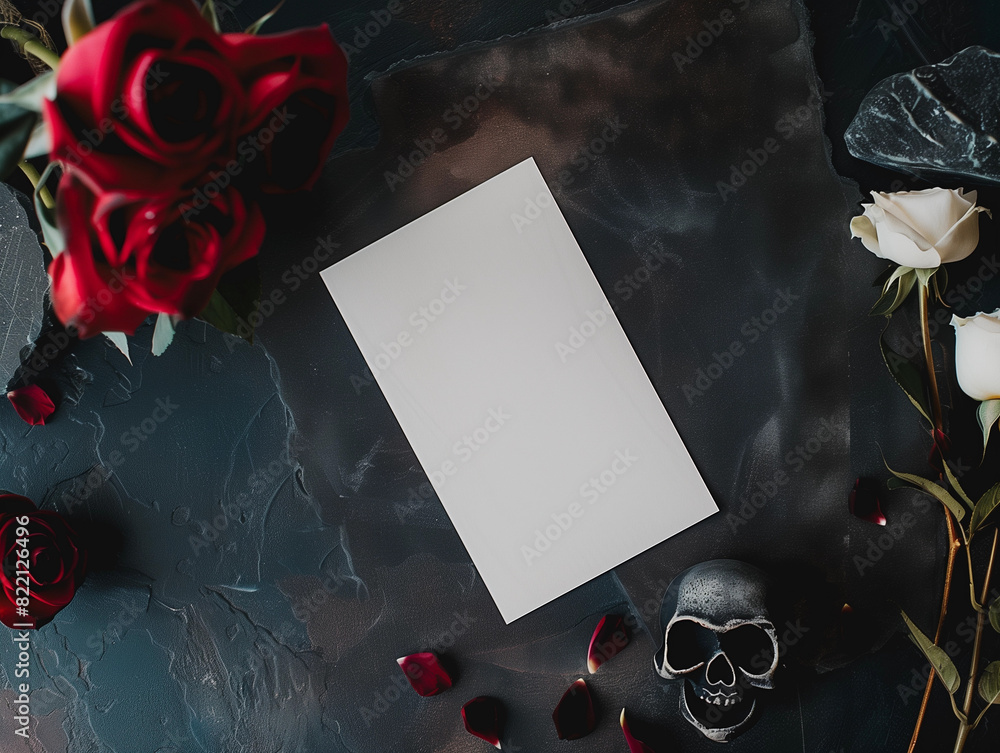 Above view of Halloween blank white paper invitation menu rsvp POD mock ...