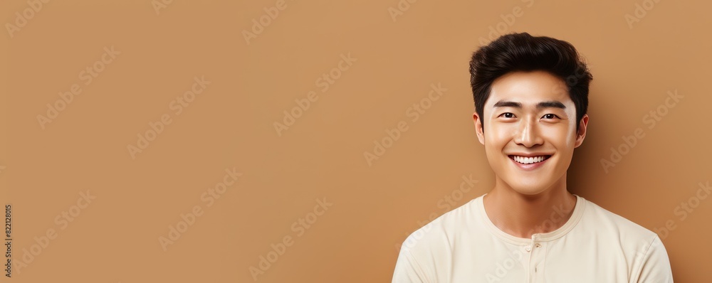 Tan Background Happy asian man realistic person portrait of young ...