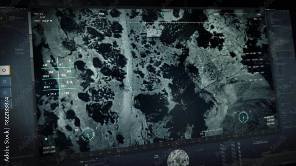 Military drone interface is scouting the selected area. Military drone ...