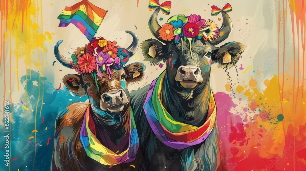 Draw a whimsical scene of animals wearing Pride-themed accessories ...