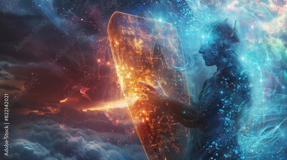 Cyberpunk hacker with a holographic screen in a futuristic city Stock ...
