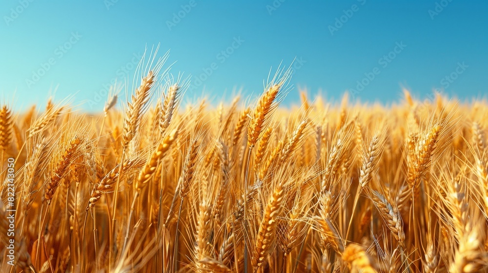 Wheat fields under a clear, blue sky, with the golden crops dancing ...