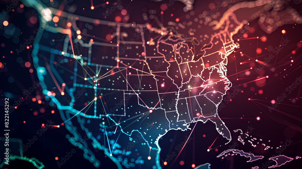 Abstract network grid with data transfer lines and nodes on america ...