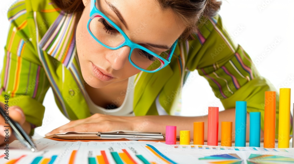 Person studying data, highresolution image, detailed charts, focused ...