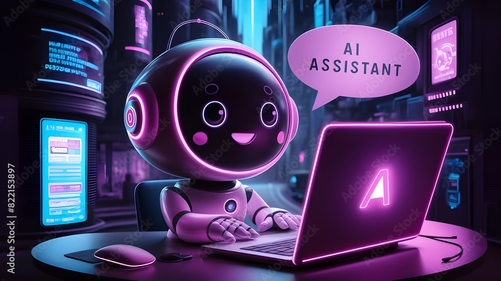 Cute friendly artificial intelligence robot using laptop computer with ...