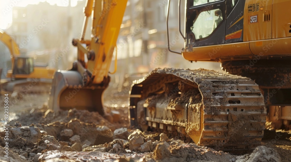 Backhoe working by digging soil at construction site. Crawler excavator ...