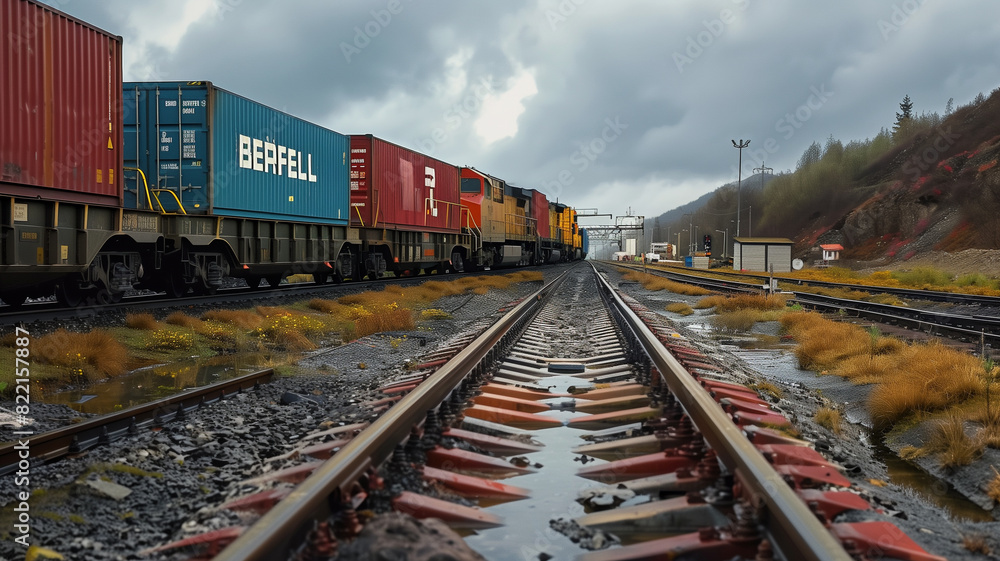 Freight train. Rear view of the last wagon of a freight train. Wagons ...