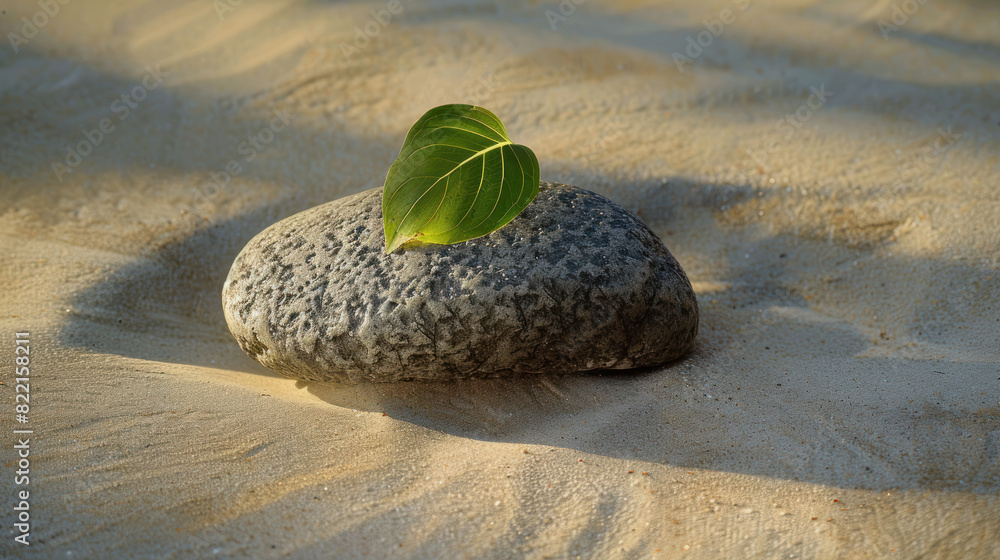 A single leaf resting on a smooth, flat stone, surrounded by the soft ...