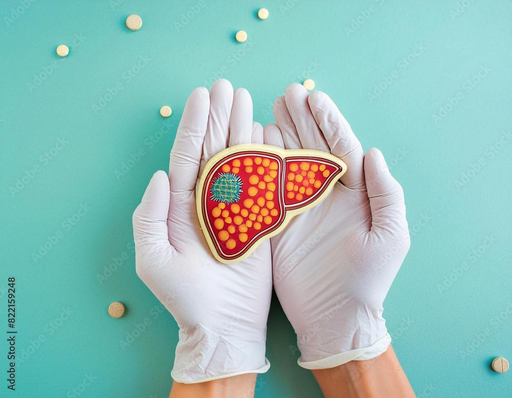 World hepatitis day concept. Human hands holding liver with viral ...
