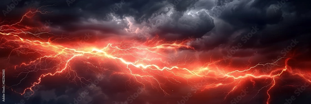 A red lightning bolt with orange and black background, sky full of dark ...