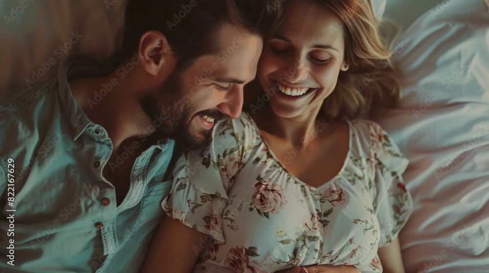 A young couple cuddles together in bed, a young woman is pregnant, and ...