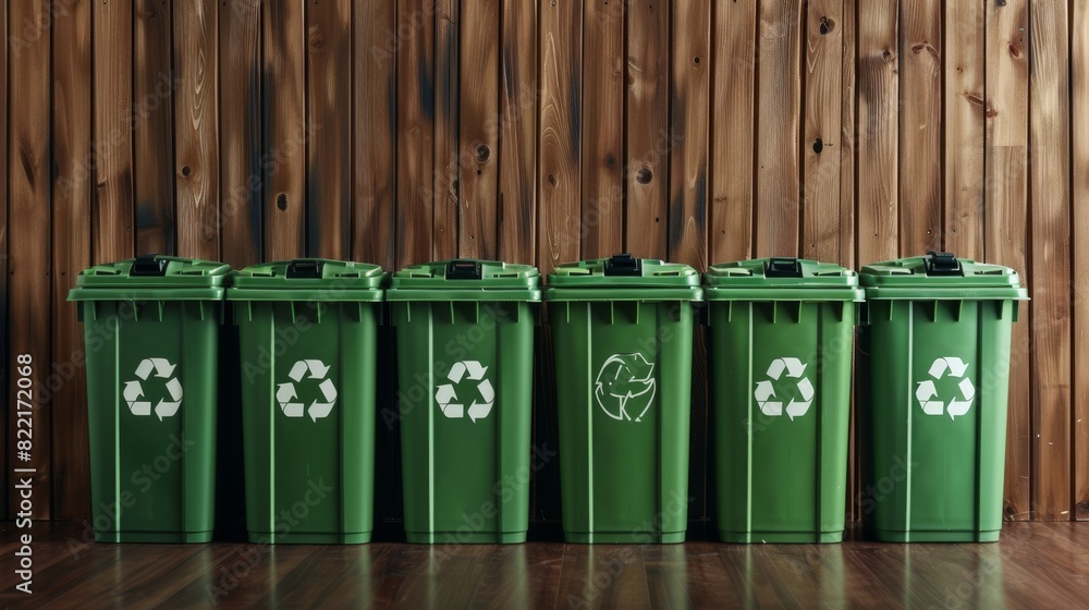 Waste sorting for food, paper and bottles. Green plastic trash bins ...