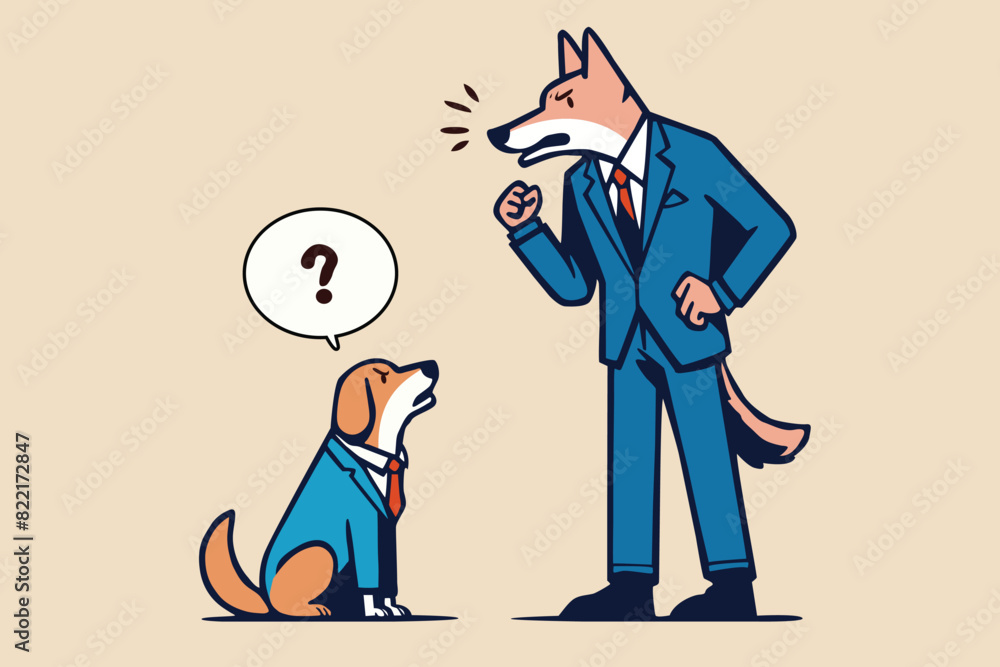 funny illustration of dog wearing businessman suit. boss complaining ...