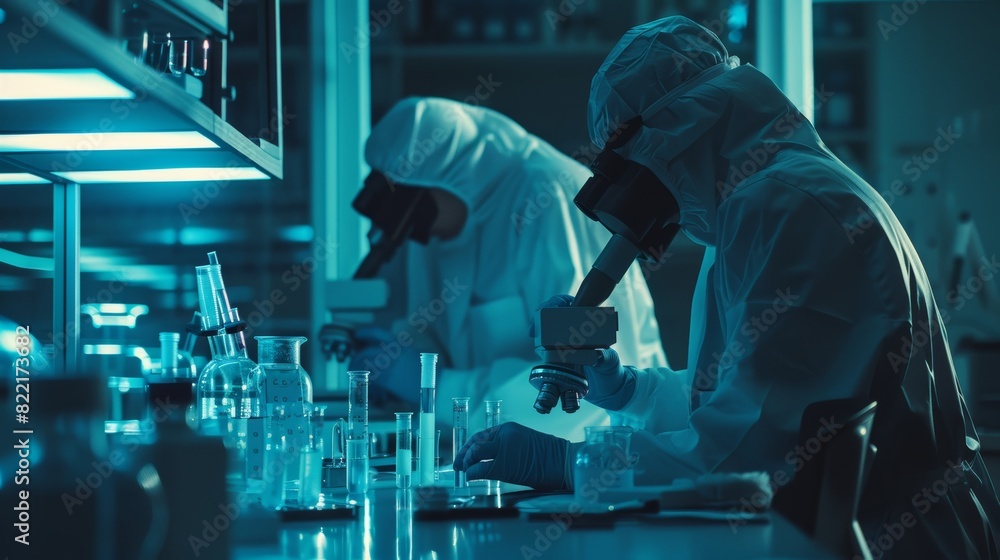 Scientists conducting experiments with microscopes, test tubes ...