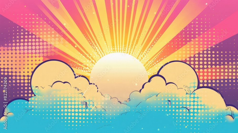 Sunset bright pop art comic background with halftone color and funny ...