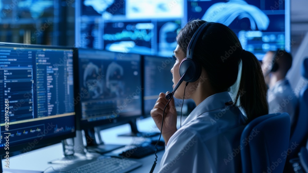 In a monitoring control room with digital screens, an IT technical ...