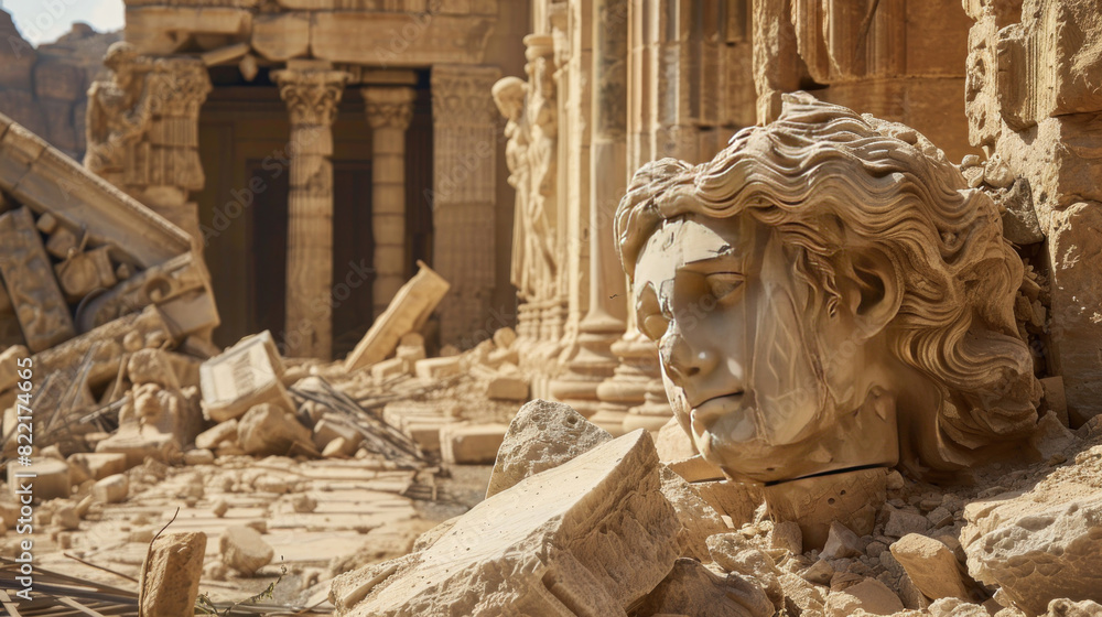 War-torn cultural site, broken statues and shattered remnants of ...