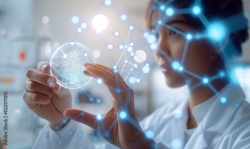 scientist uses forefinger to touch a floating holographic review ...