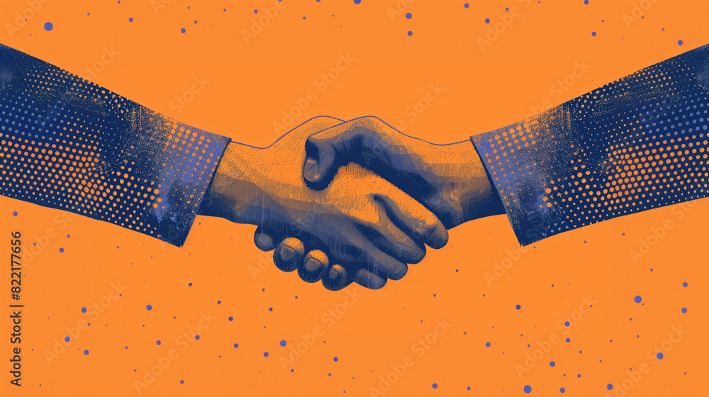 Stylized handshake in a poster style. In the style of lithography in ...