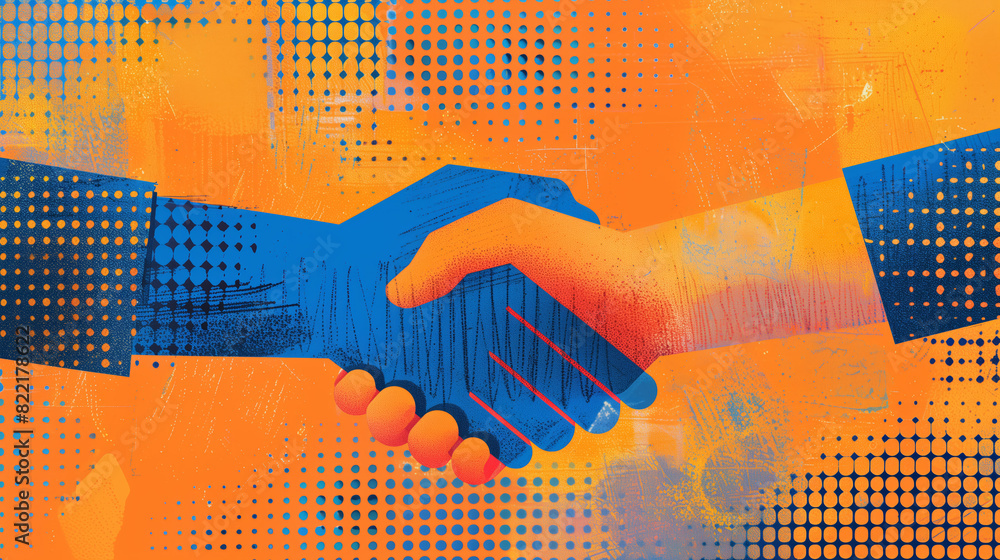 Stylized handshake in a poster style. In the style of lithography in ...
