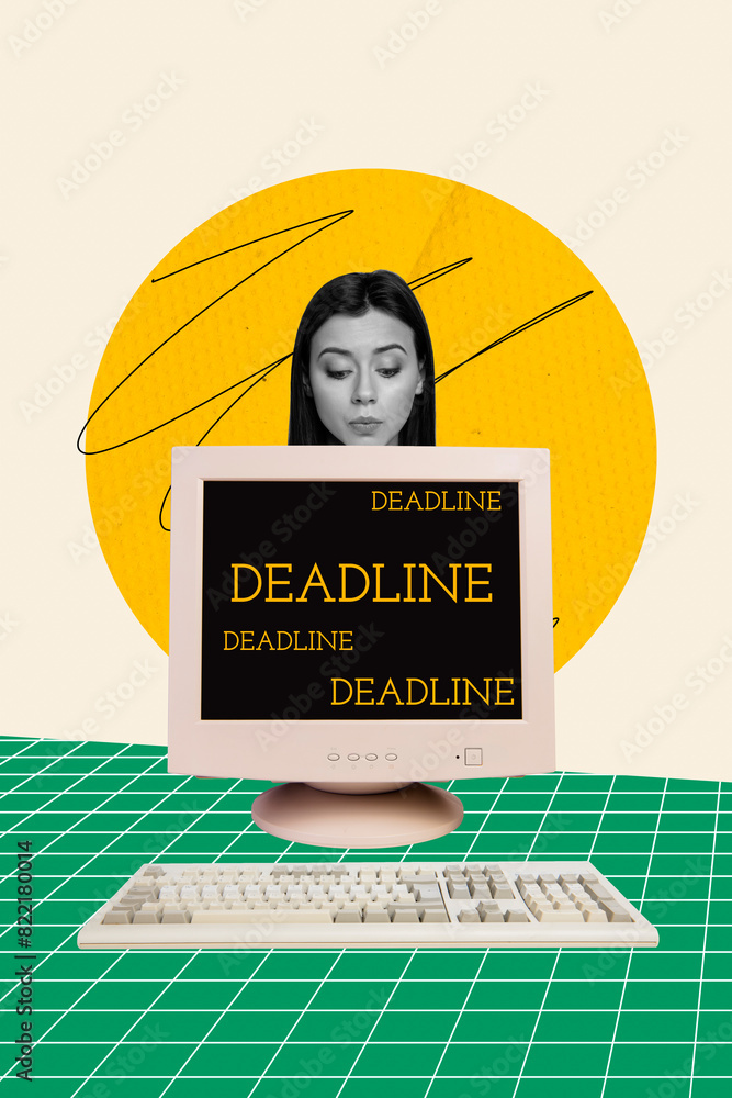 Vertical collage picture young girl look computer screen monitor ...