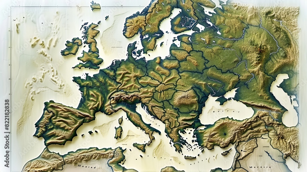 Colored relief map of Europe, shaded for vegetation. Stock イラスト | Adobe ...